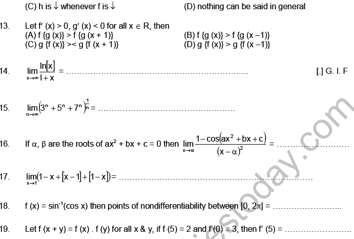 JEE Mathematics Limits Continuity and Differentiability MCQs Set A with Answers